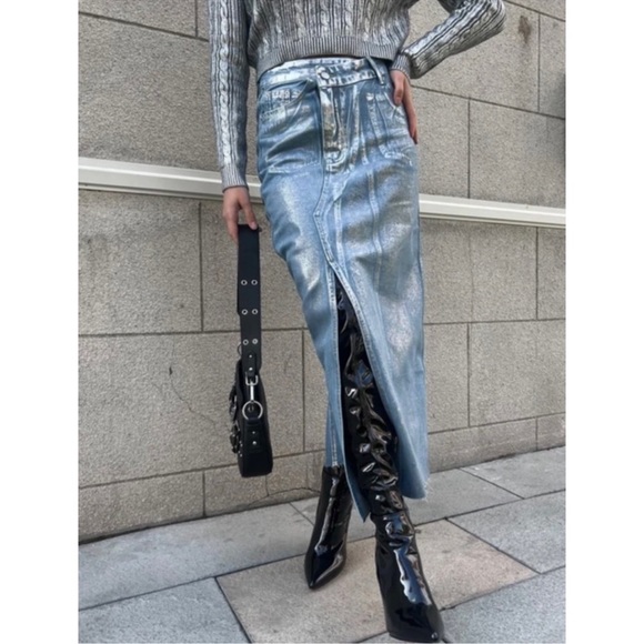 Zara | Skirts | Zara Trafaluc Metallic Denim Asymmetric Skirt | Poshmark